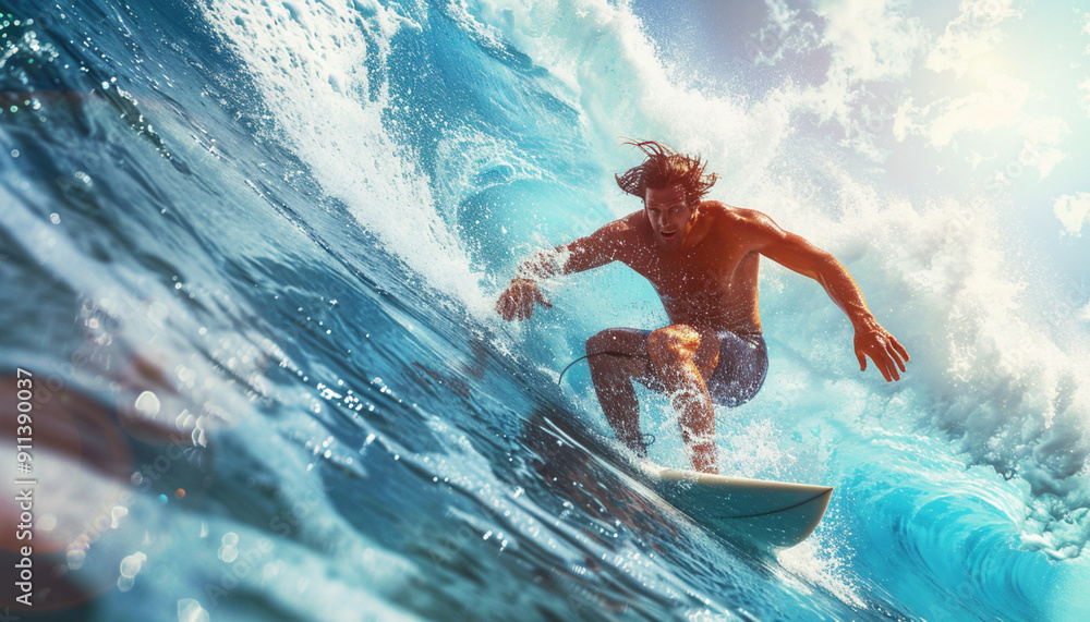 Professional male Surfer Conquers a Huge Blue Wave on a Sunny Day ...