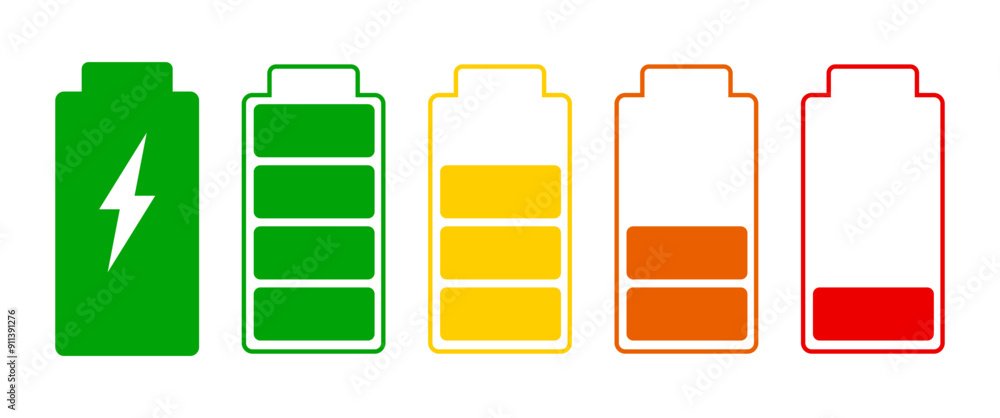Battery Status Icons, ed, Green, Yellow color, Power Charging symbol ...