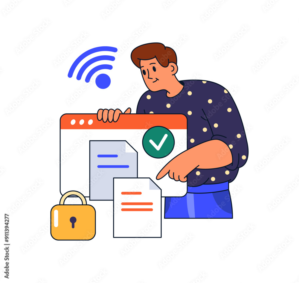 Vetor de Protection from hacking and malware attack, flat cartoon ...