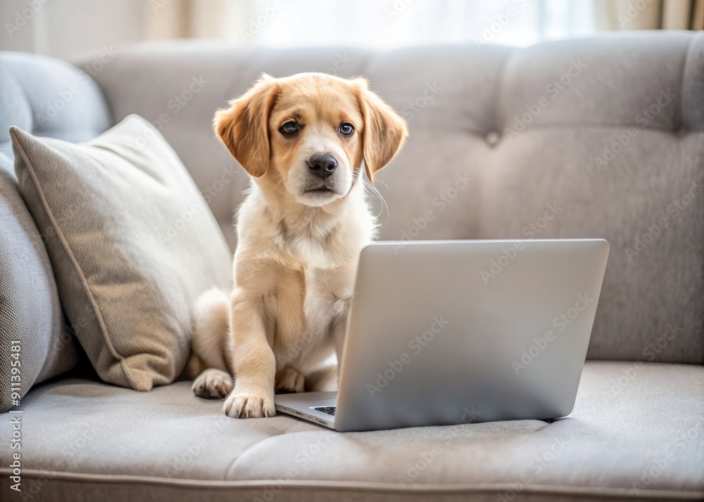 Adorable puppy sits alone on couch, intently staring at laptop screen ...
