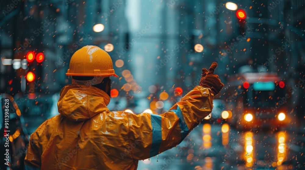 Drenched worker in a yellow hard hat and reflective vest directing ...