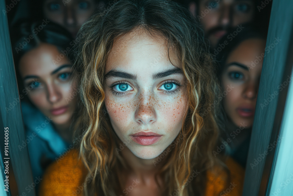 Artistic depiction of a group of diverse people stuck in an elevator ...
