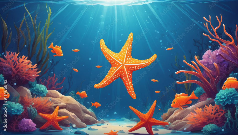 Starfish under water at the coral reef with exotic fishes. Underwater ...