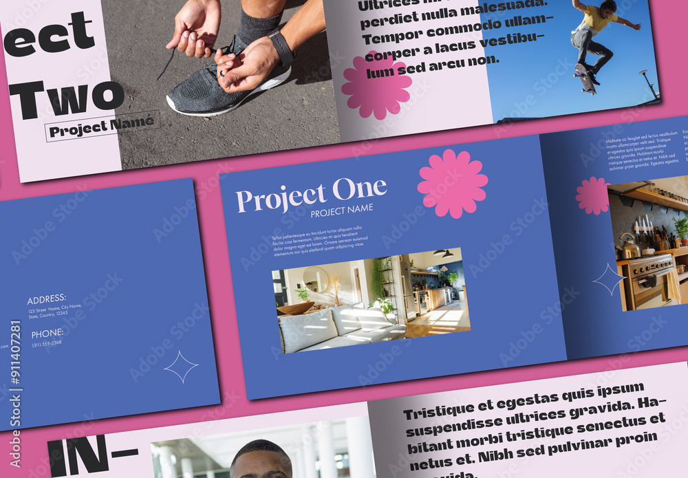 Blue Portfolio with Pink Geometric Shapes Stock Template | Adobe Stock