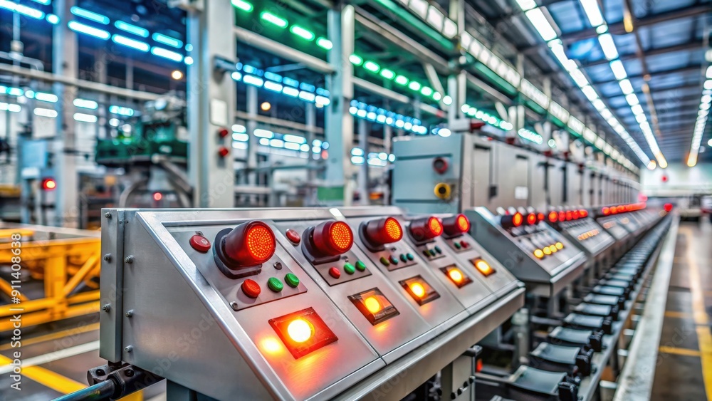 Closeup view of a factory dashboard with red warning lights flashing ...