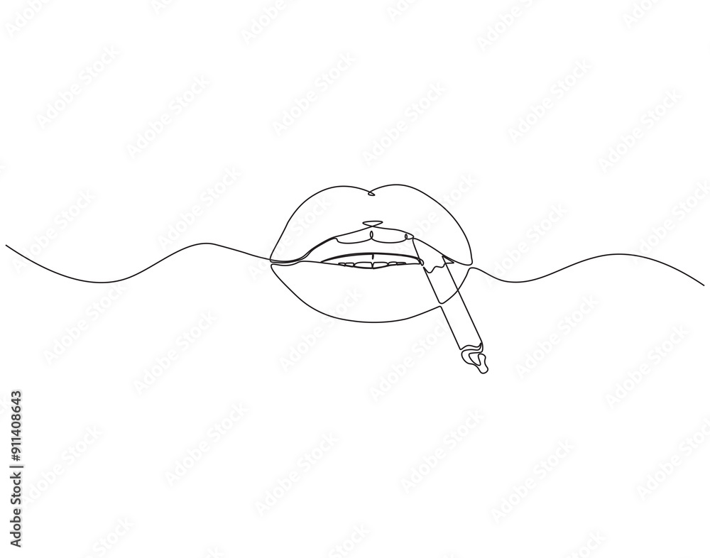 Continuous one line drawing of lips with cigarette. One line drawing ...
