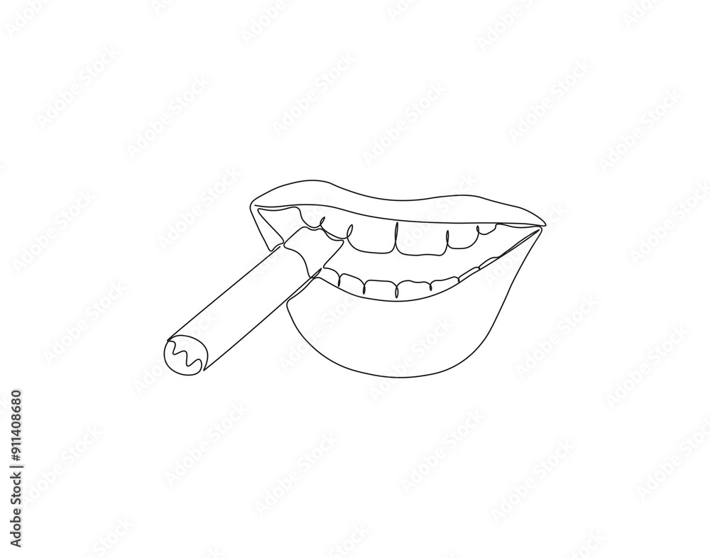 Continuous one line drawing of lips with cigarette. One line drawing ...