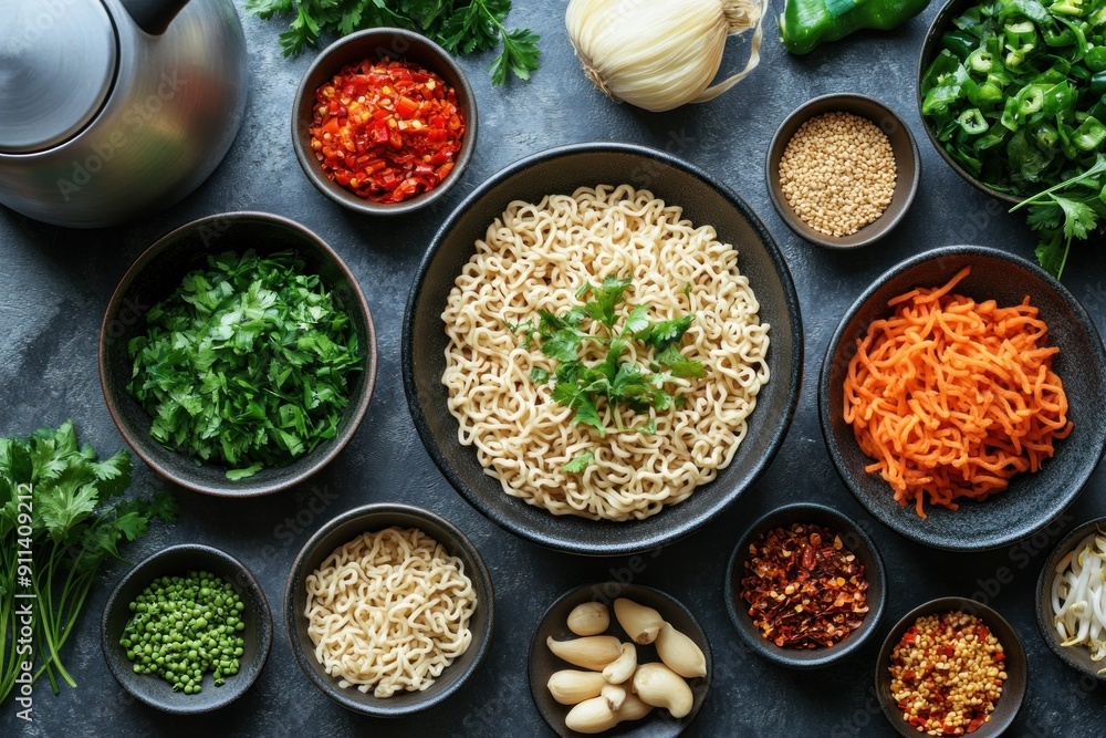 An inviting flat lay of an instant noodle meal setup with various ...