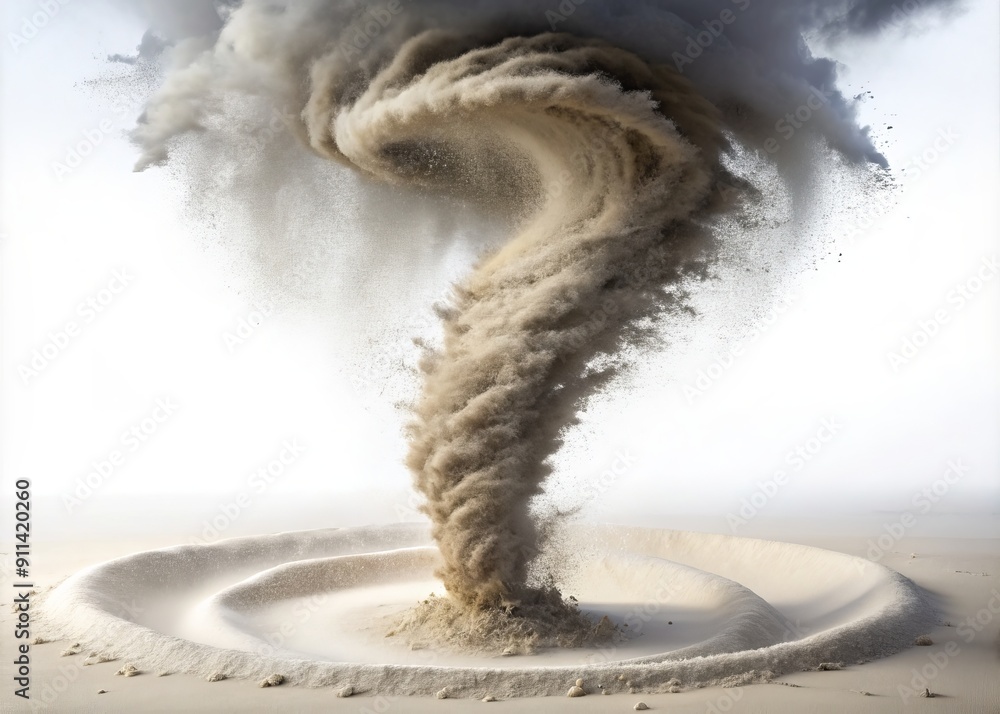 A massive, isolated white sand tornado swirls with intense wind ...