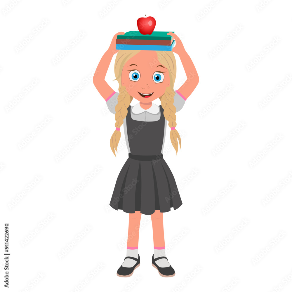 Flat Vector Illustration of Smiling Schoolgirl Wearing School Uniform ...