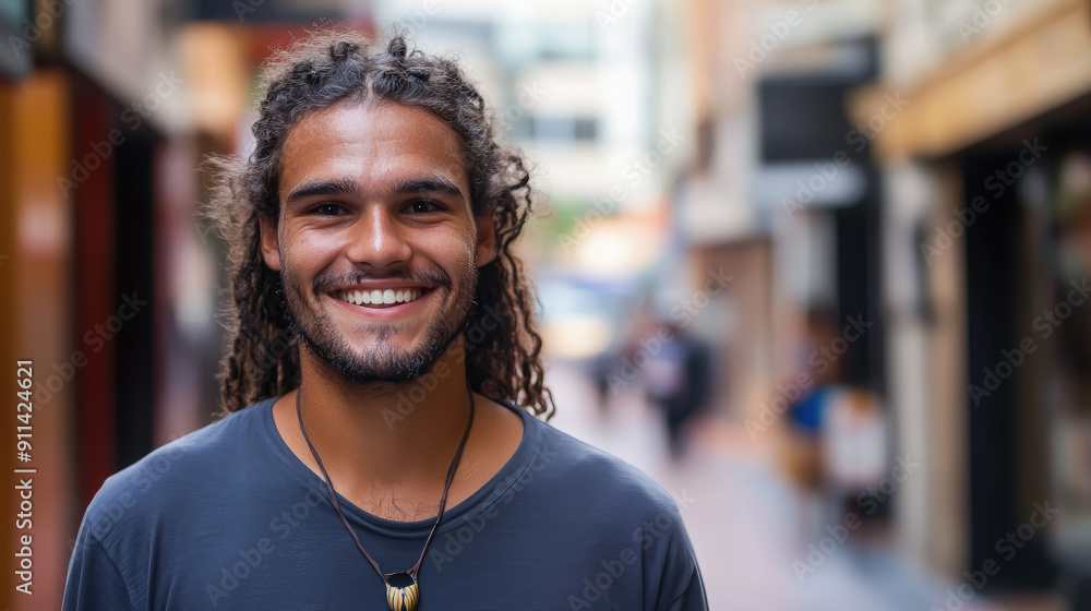 young smiling Australian aboriginal guy in casual clothes on city ...