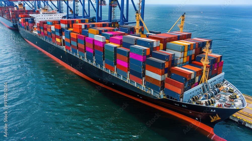 Container ship carrying container boxes import export dock with quay ...