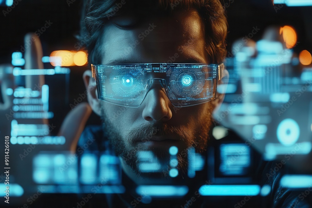 focused programmer immersed in multiple holographic displays coding complex ai algorithms with ...