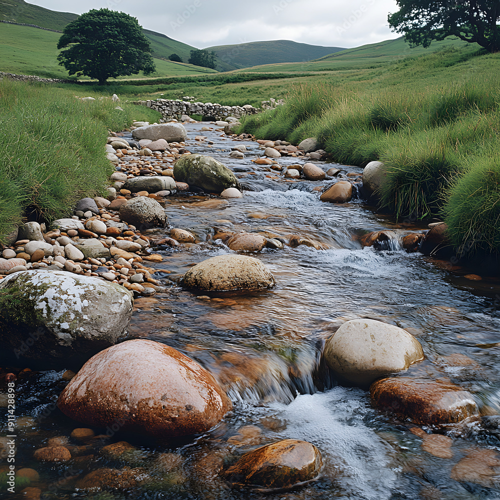 little dale beck river flowing over rocks and pebbles in a lush green ...