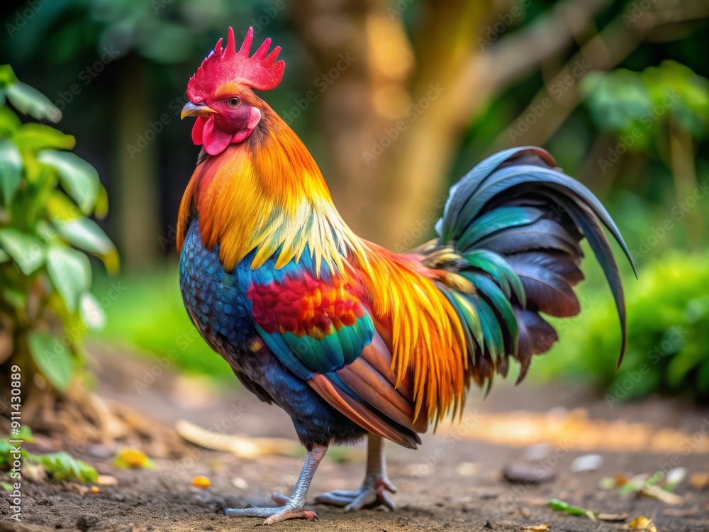 Vibrant miniature male Mille de Fleur Bantam rooster with distinctive ...