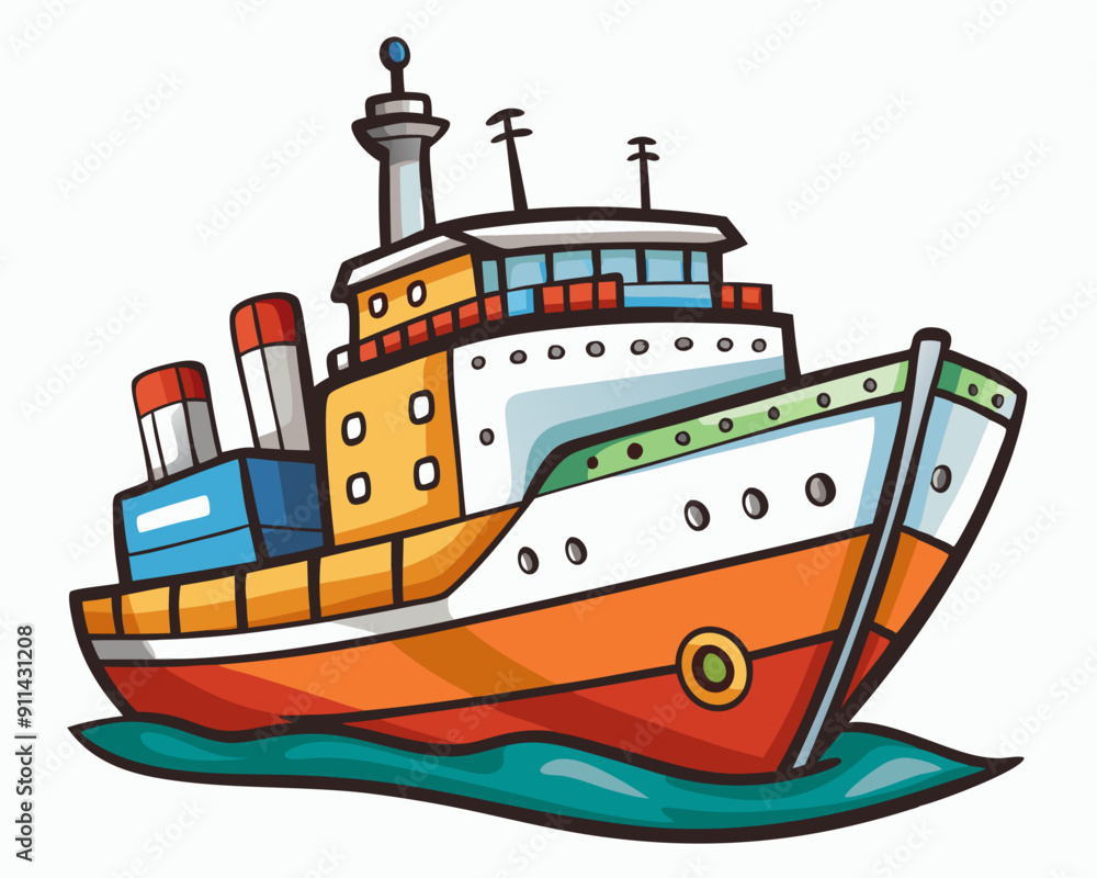 cartoon vector illustration of cargo ship, white isolated background ...