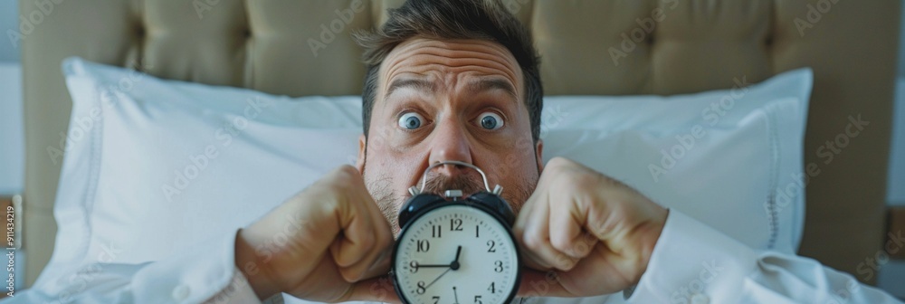 Startled man in bed biting alarm clock with wide eyes, conveying panic ...
