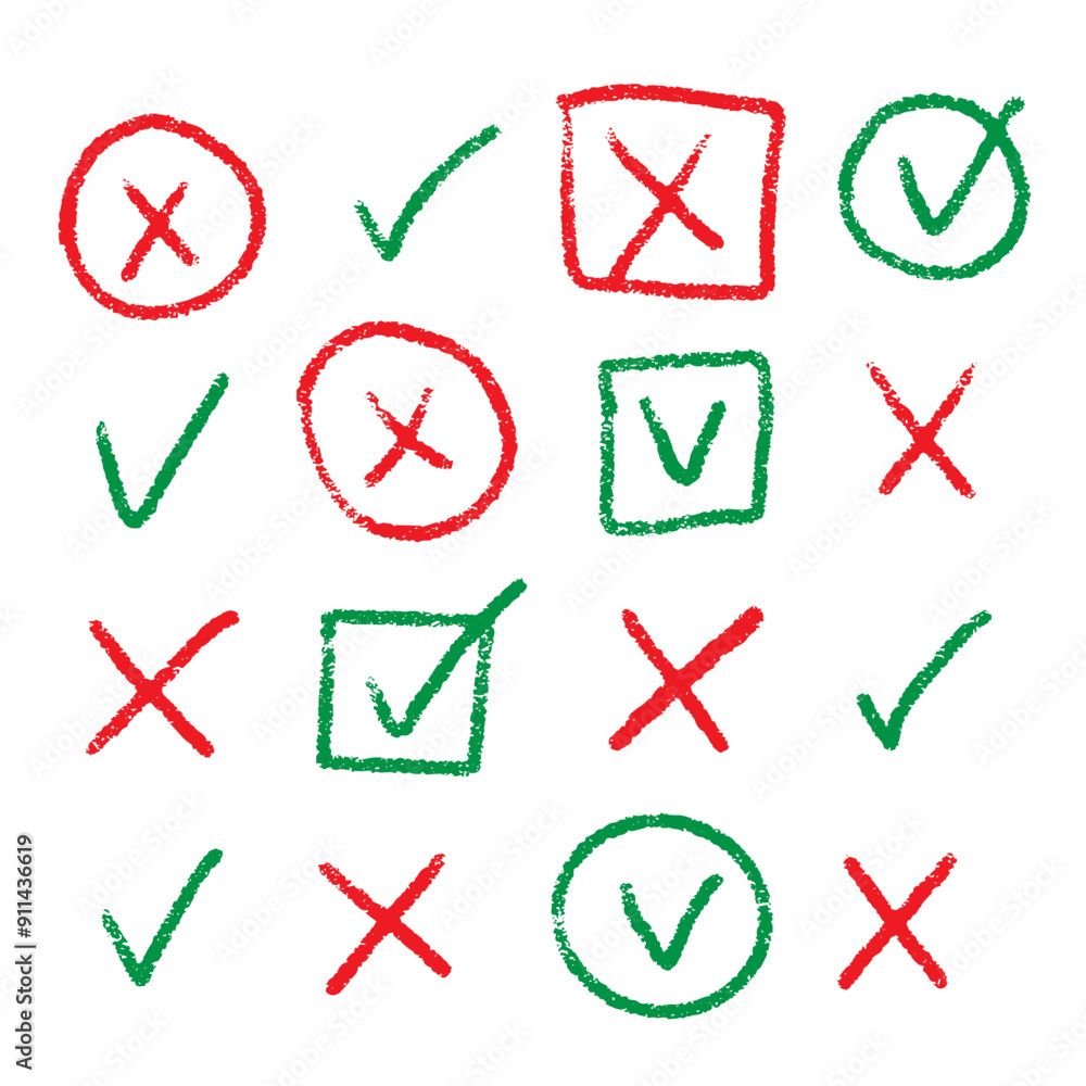 Check marks doodle set. Hand drawn chalk checklist, checkbox, green ...
