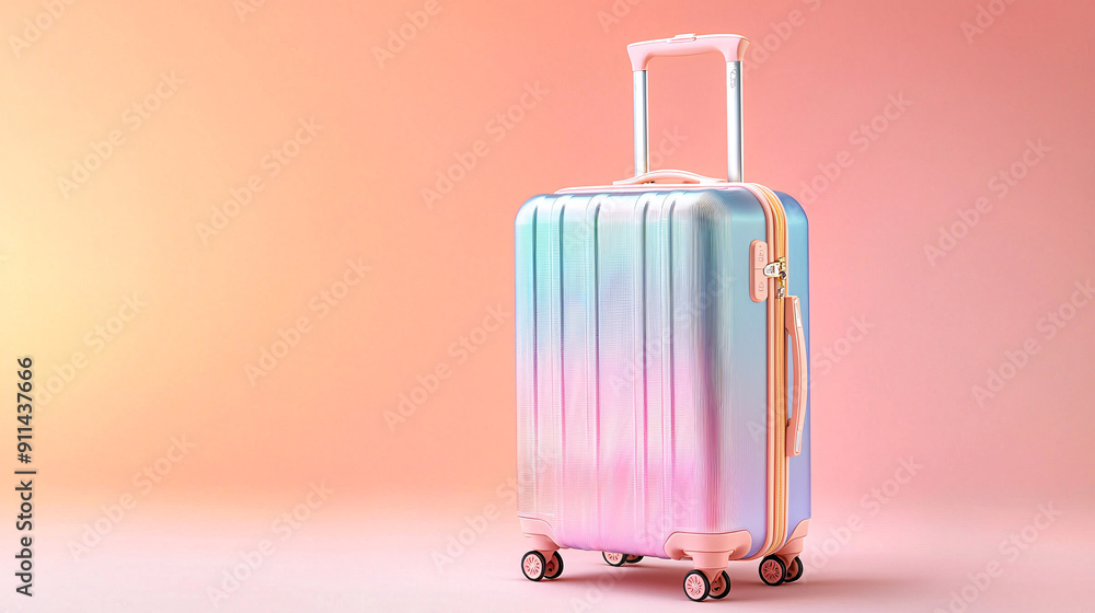 A colorful suitcase with wheels sits on a pink background. The suitcase ...