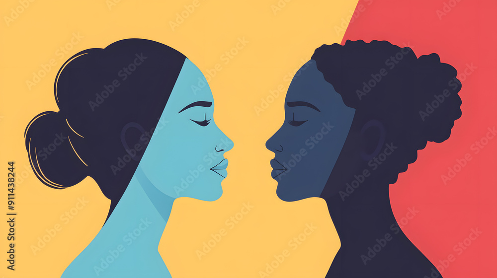 Two women face each other, their profiles partially overlapping. The ...