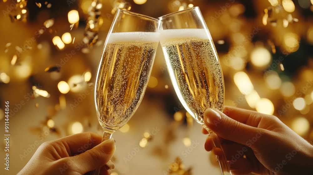 Two champagne flutes clink together joyfully, surrounded by a sparkling ...
