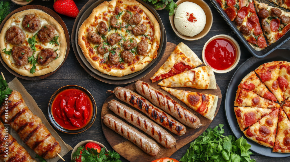 A variety of delicious foods, top view food plates collection. Grilled ...