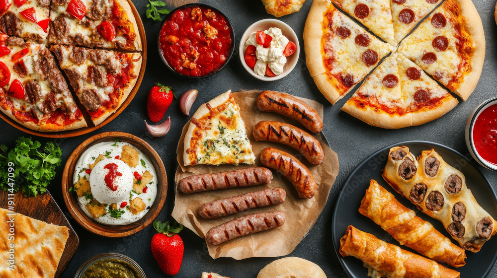 A variety of delicious foods, top view food plates collection. Grilled ...