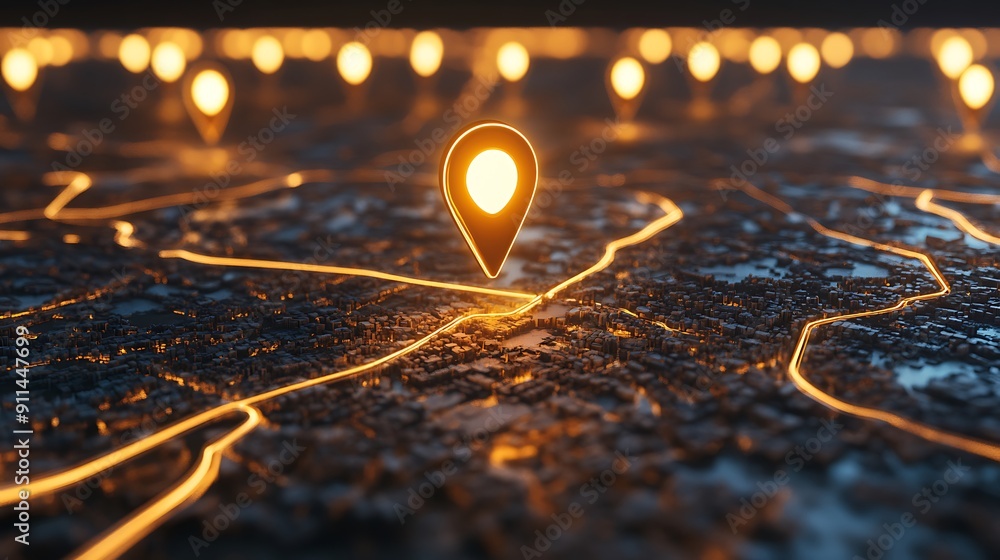 Illuminated Map with Location Pin Highlighting Key Spots: Navigating ...