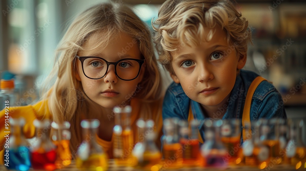 Kids doing a science experiment with beakers and test tubes in a ...