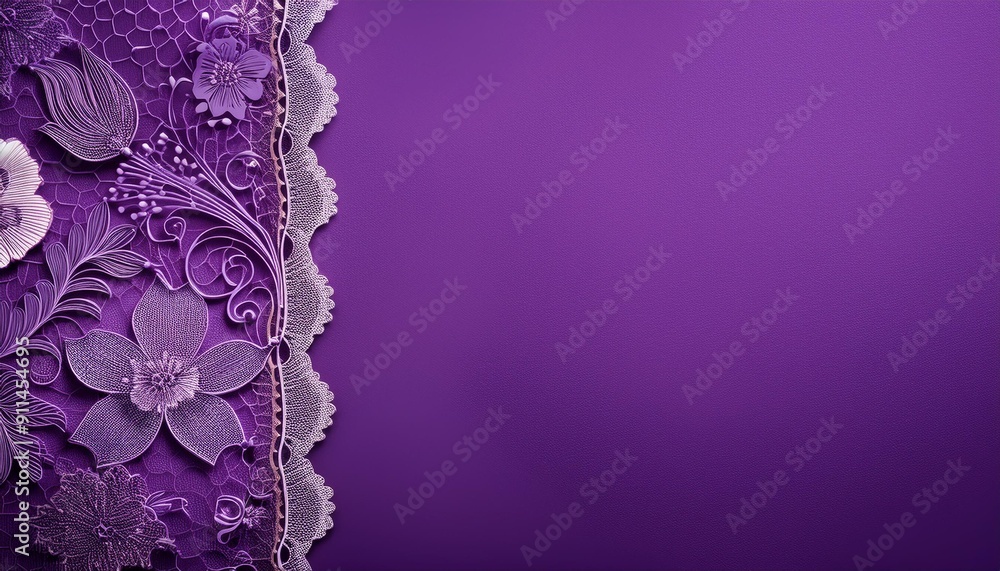 Violet purple background with lace-inspired floral patterns on the left ...
