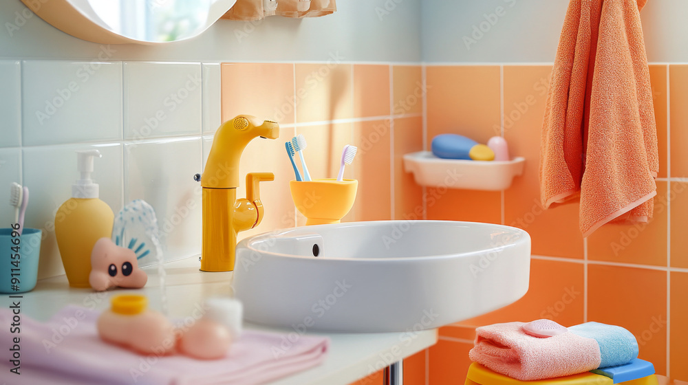 Depict a child-friendly sink setup, with a step stool, colorful ...