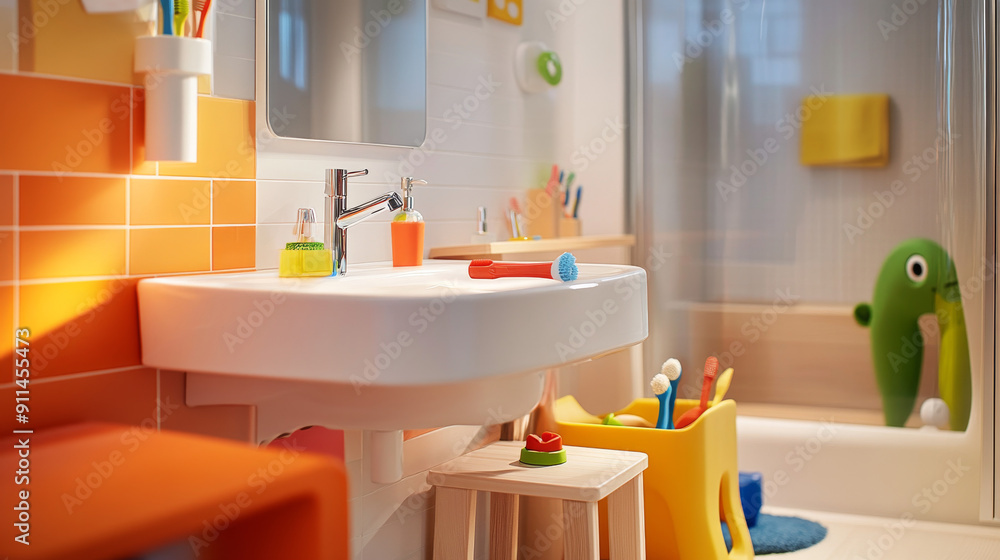 Depict a child-friendly sink setup, with a step stool, colorful ...