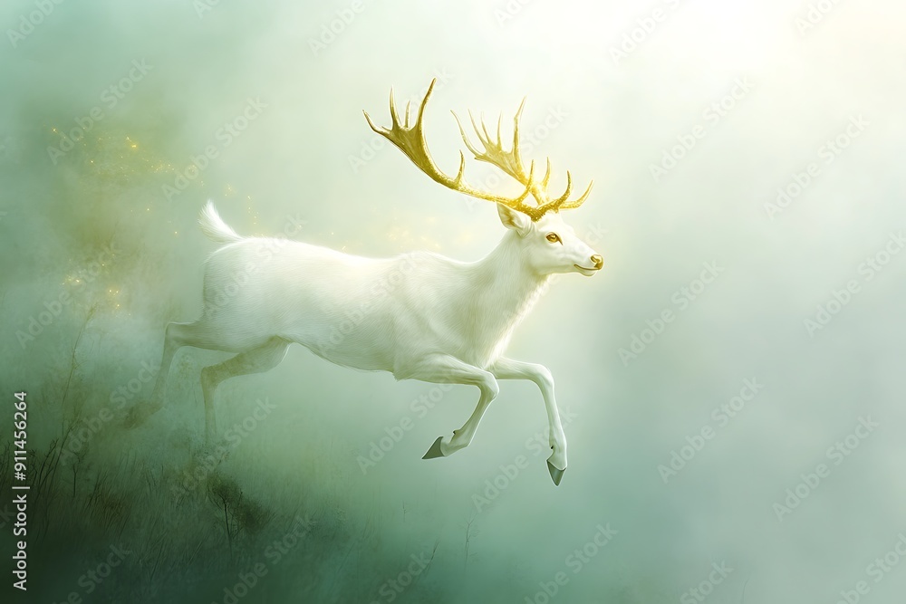 Enchanted White Stag with Golden Antlers Leaping in Misty Glade ...