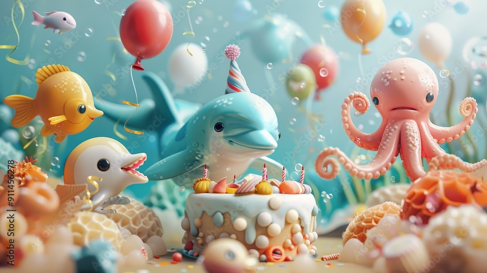 A cheerful underwater birthday party with a dolphin, octopus, and fish ...