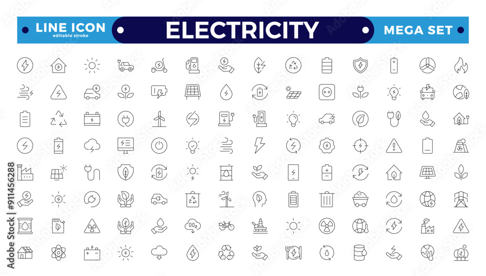 0806 Electricity icon set with electromagnetic radiation, charger flow ...