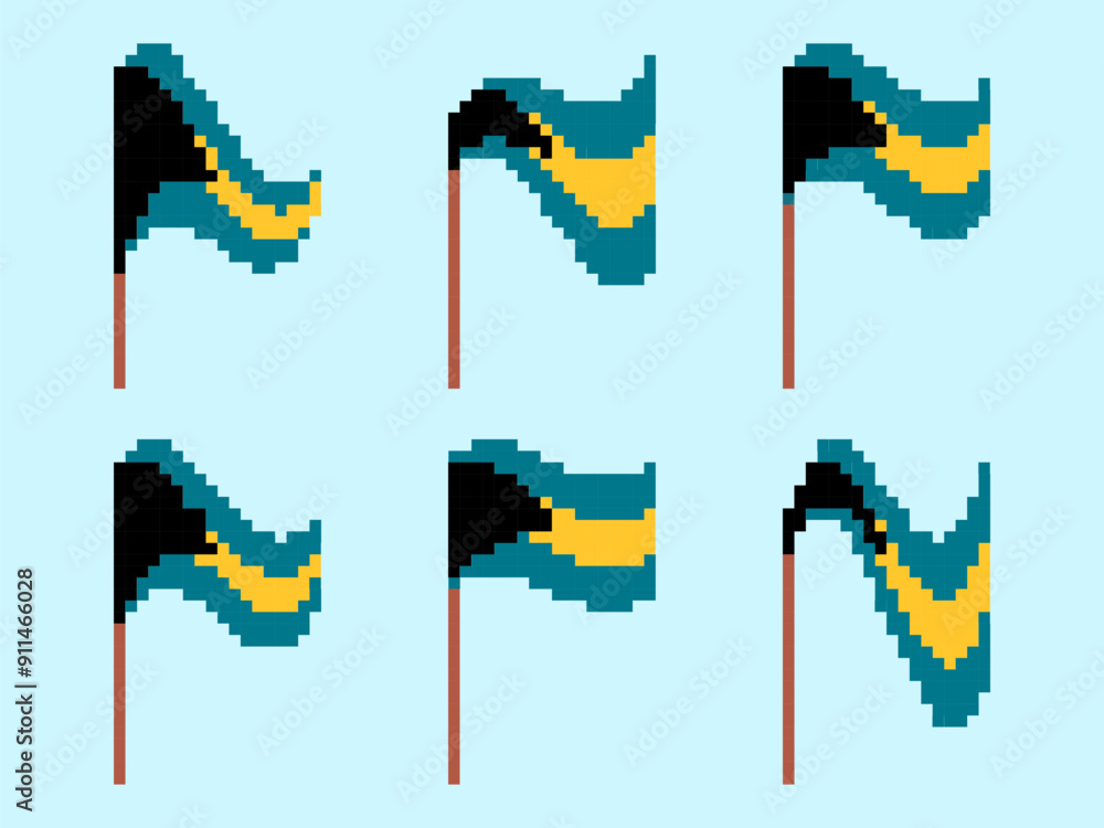 Pixel Bahamas flag icon set. Waving flag of Bahamas in 8-bit retro ...