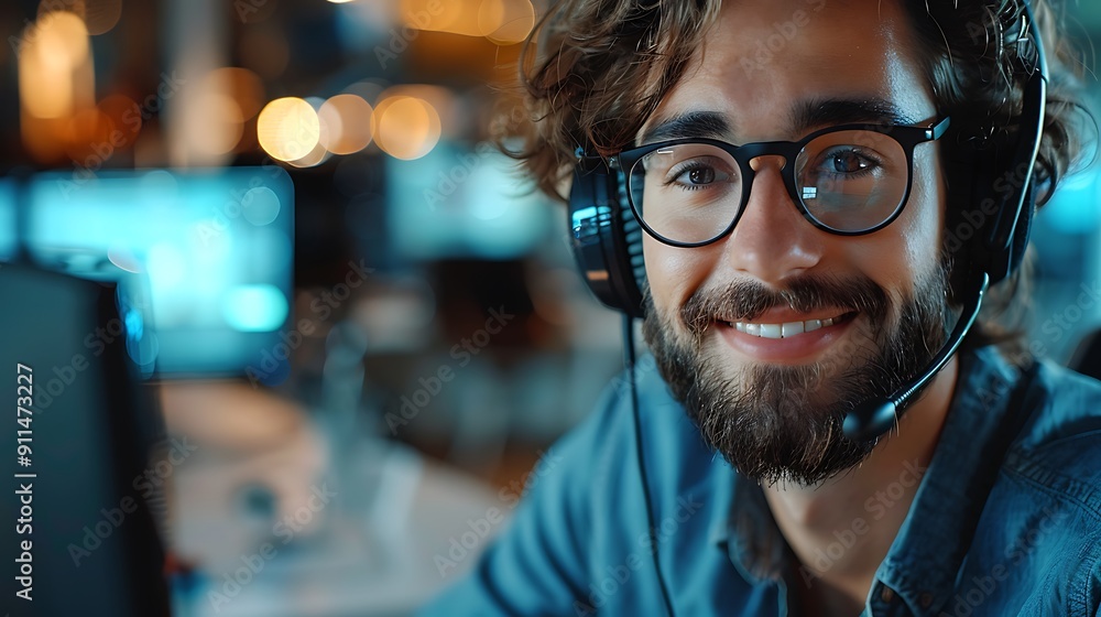 A cheerful technical support representative, wearing a headset and assisting a customer via ...
