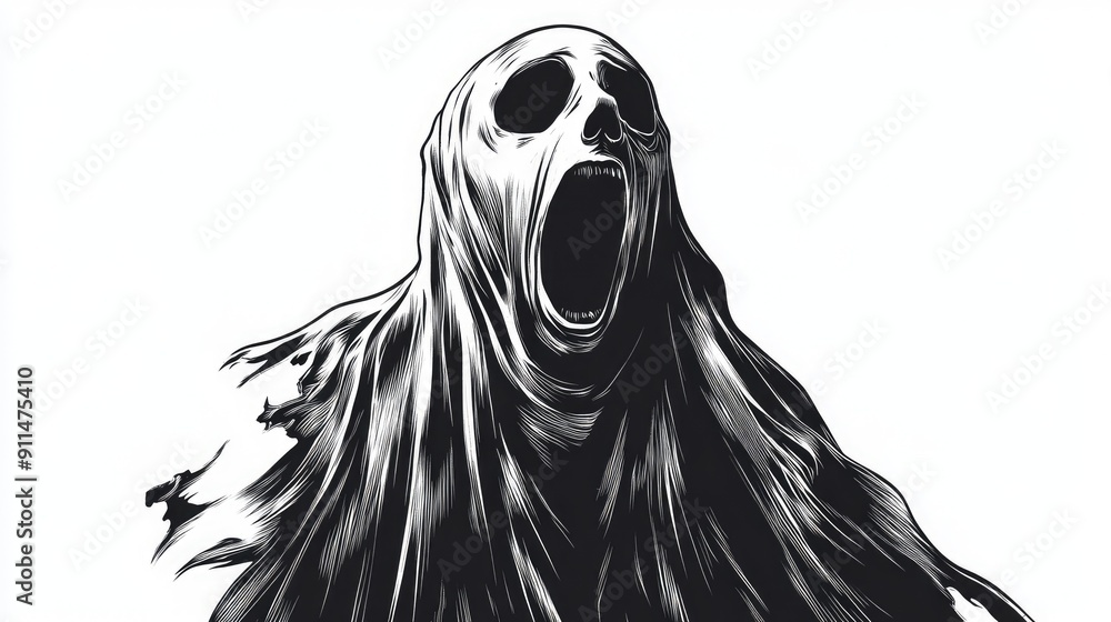 Linocut style ghost face from Scream, full body, haunting figure, white ...