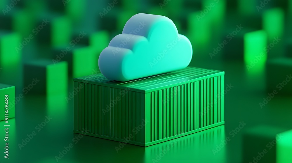 Cloud computing concept with a cloud and a container in a green ...