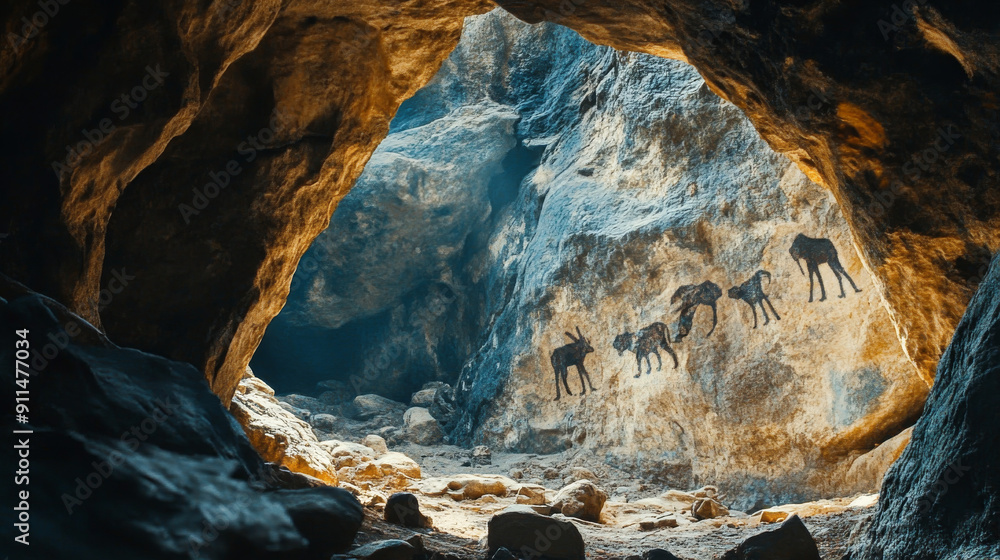 Depict ancient cave paintings or carvings, highlighting the historical ...