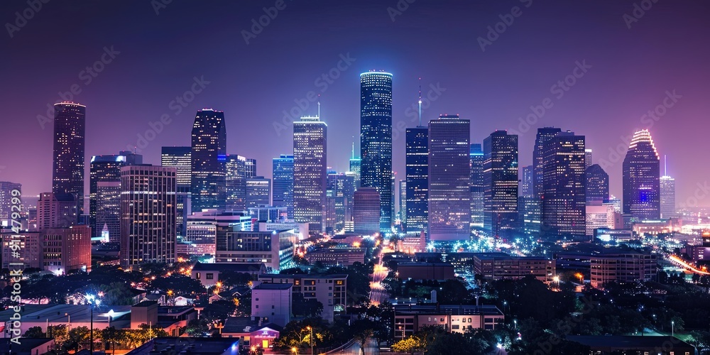 An electrifying nighttime view of the Houston Texas skyline, featuring ...