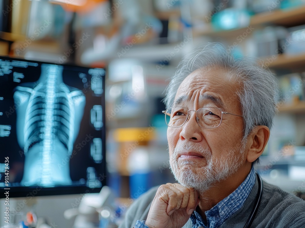 A Old Asian man with glasses is looking at a computer monitor ...