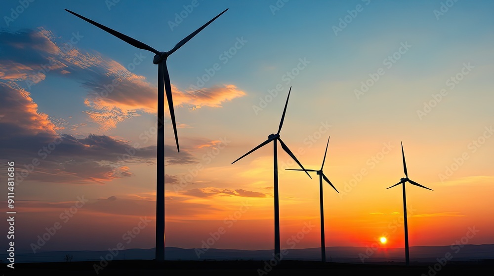 Wind power plant with turbines silhouetted against a sunset sky ...