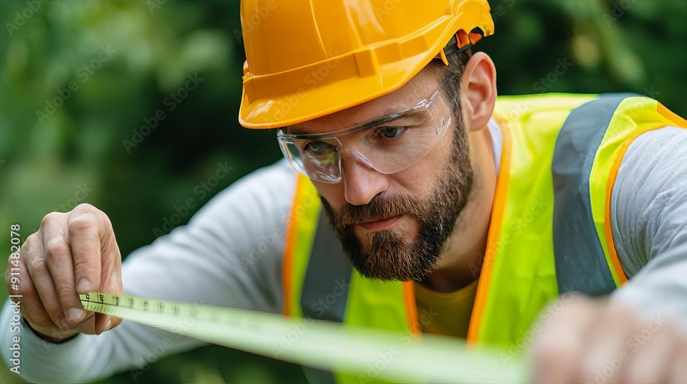 Inspector measuring property boundaries for insurance assessment ...