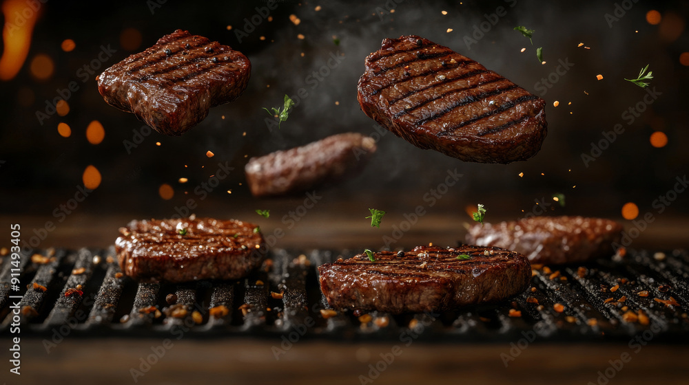Grilled beef steaks, realistic 3d brisket flying in the air, grilled ...
