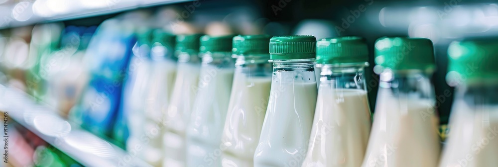 Fresh cow milk bottles with green caps on display in refrigerated case ...