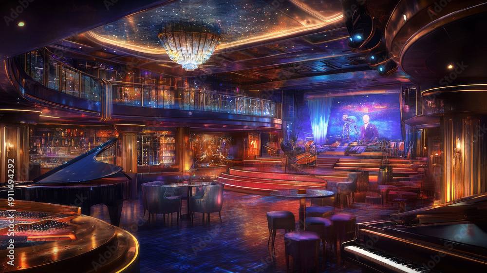 Depict the vibrant nightlife on board, with scenes of a lively ...