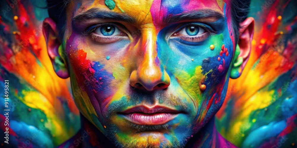 Portrait of a human face undergoing a transformation into a ...