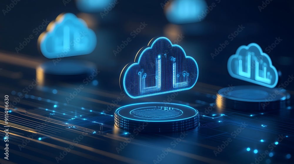 Digital representation of cloud computing technology with neon-blue ...