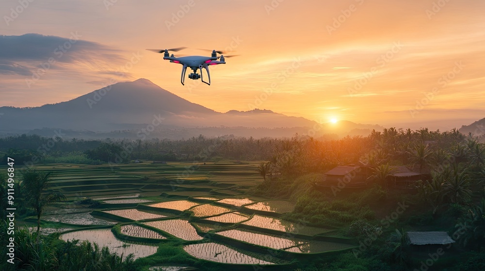 Drone flying over rice paddies at sunset with farmers below ...